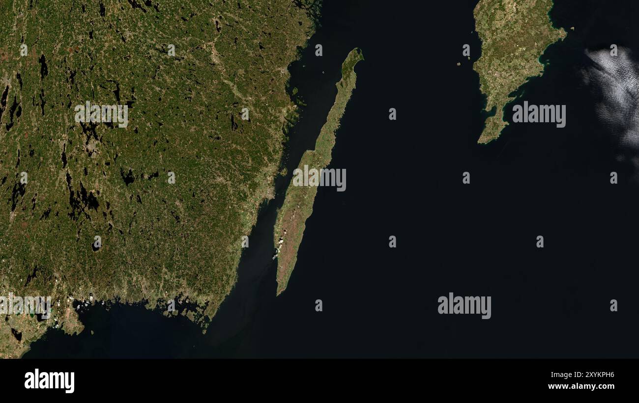 Oland Island in the Baltic Sea on a satellite image taken in April 21 ...