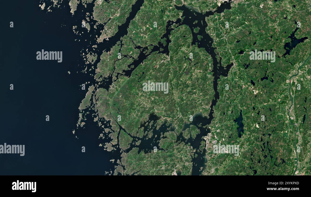 Orust Island in the Skagerrak on a satellite image taken in June 3 ...