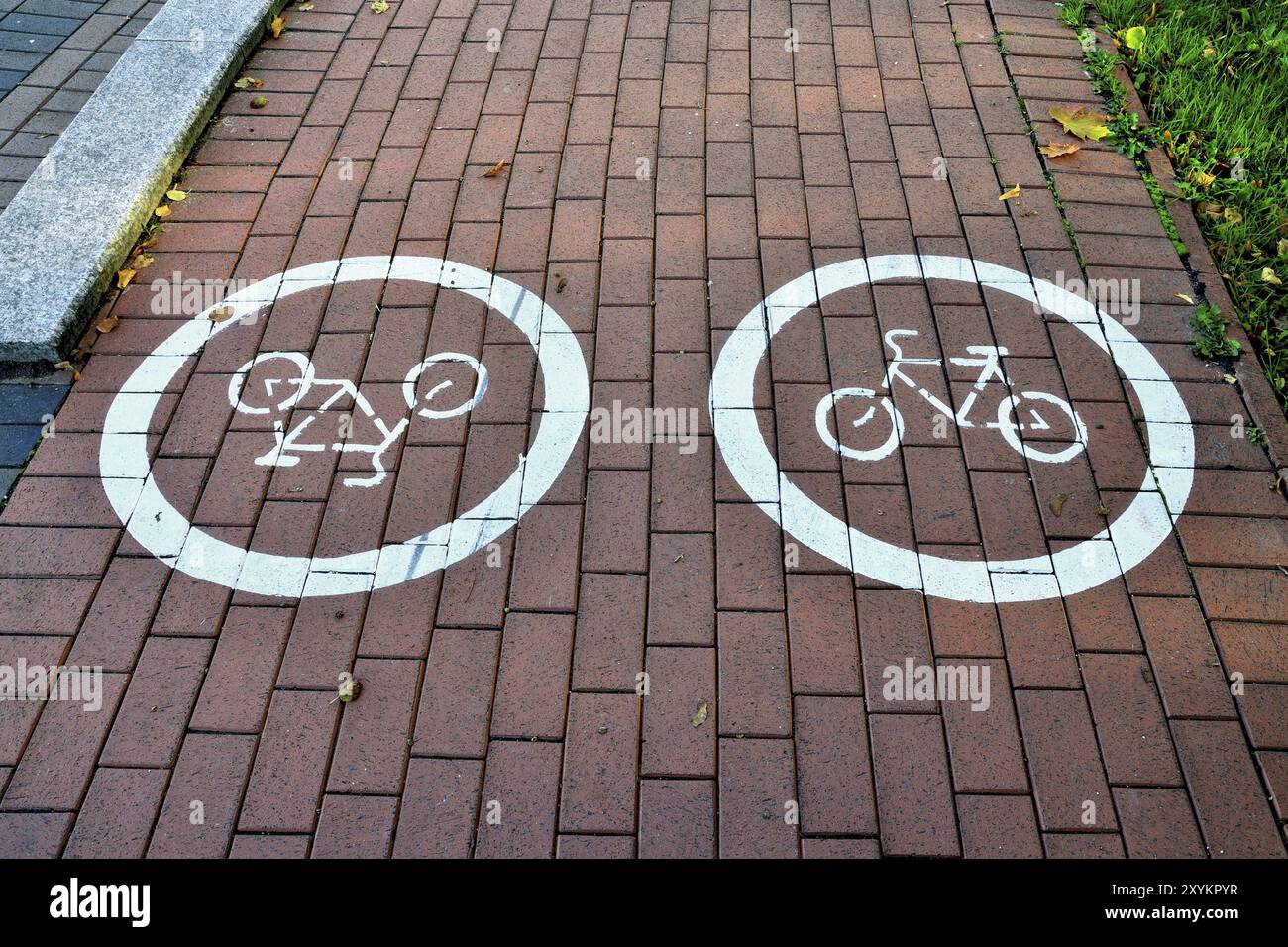 Sign of the bicycle trail on track, paved with paving tiles Stock Photo ...