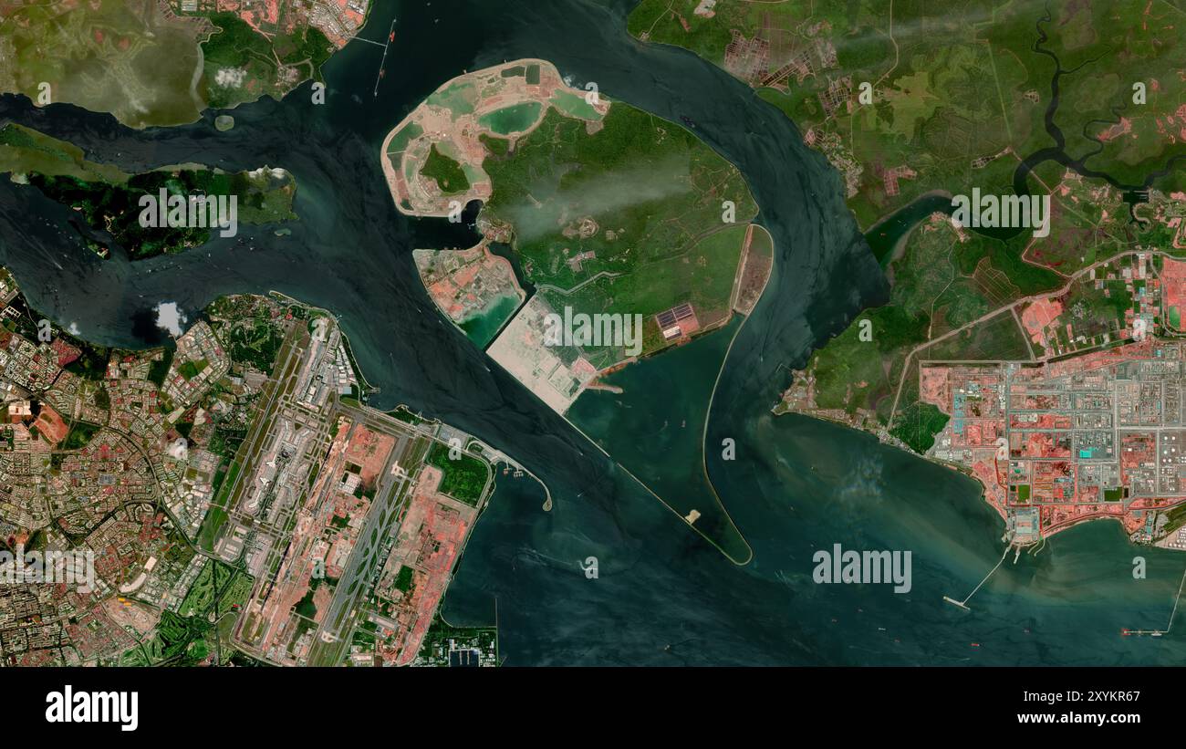 Pulau Tekong Camp in the Singapore Strait on a satellite image taken in ...