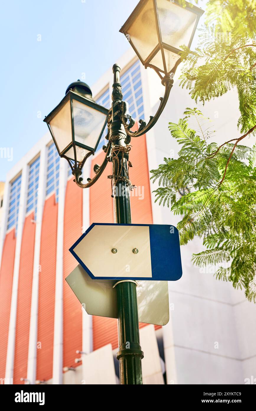 Street lamp, travel and holiday destination with directions, texture ...