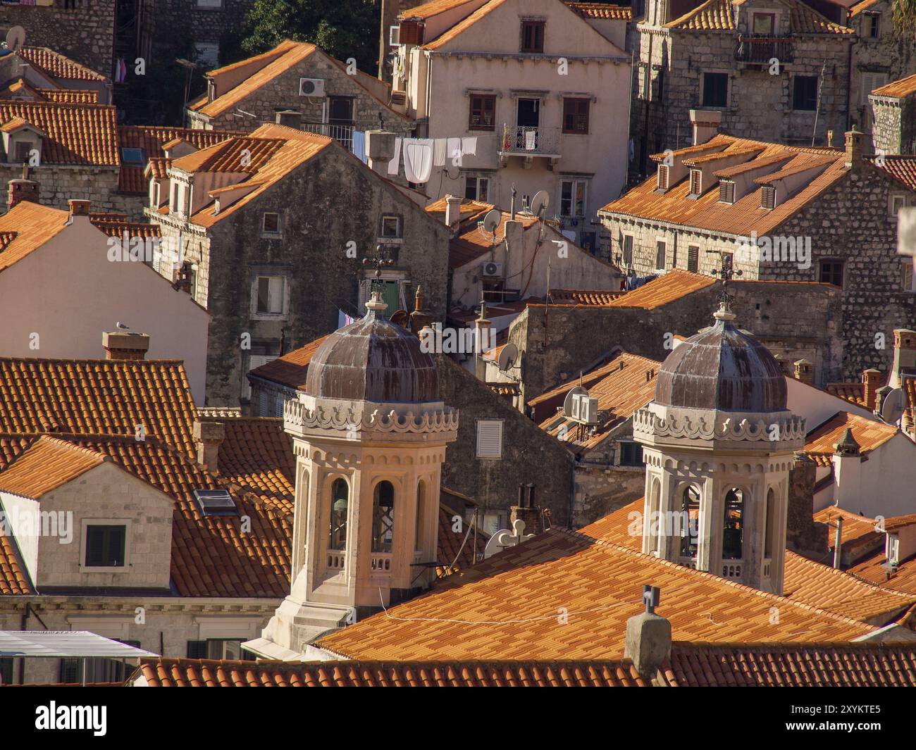 City view with tiled roofs and towers of historic buildings in the ...