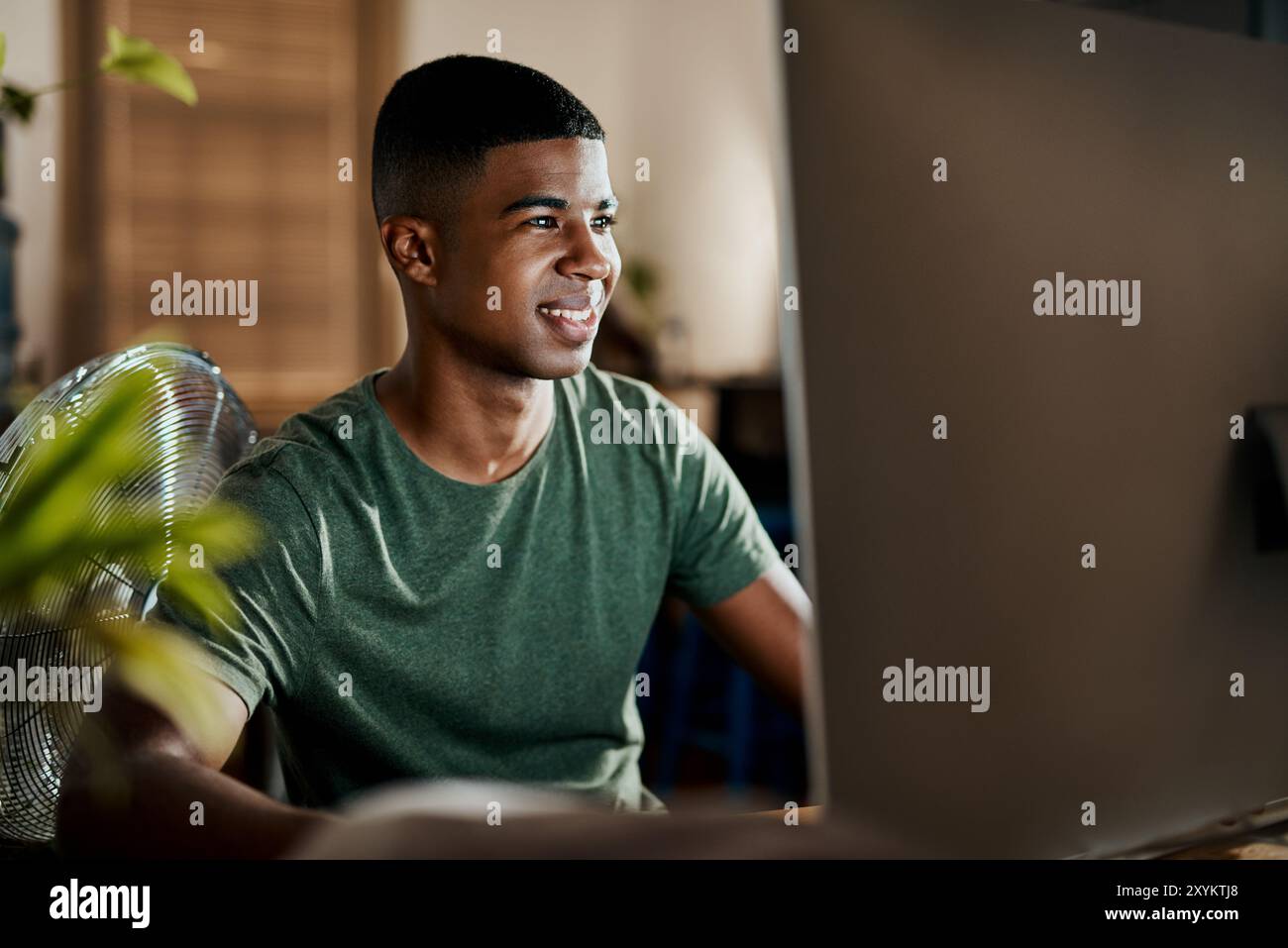 Business, happy black man and computer for research, information and ...