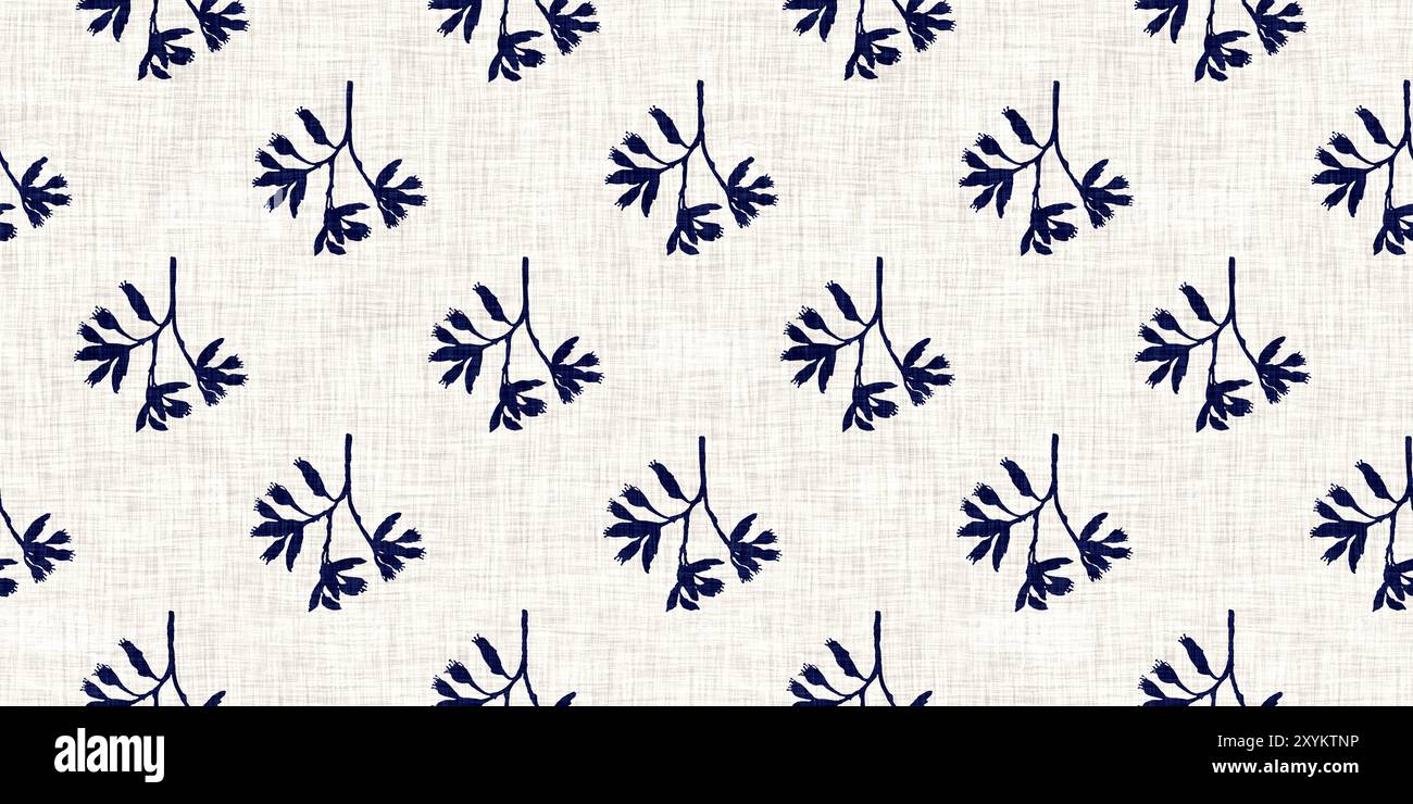 Indigo denim blue leaf motif seamless border. Japanese dye batik fabric ...