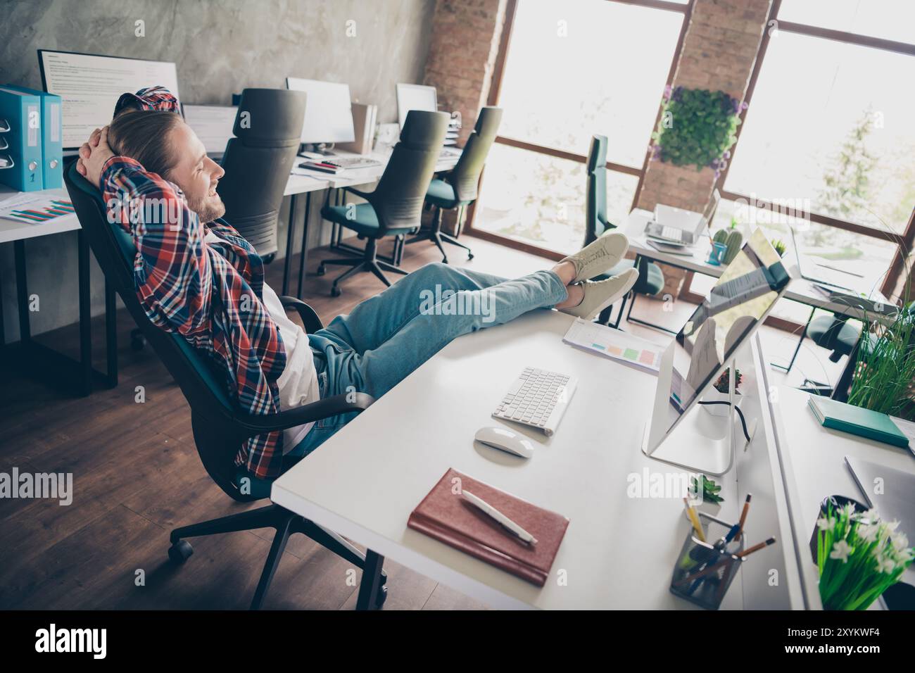 Full size portrait of young office worker man chill desktop wear shirt ...