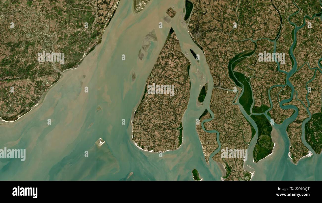 Sagar Island in the Bay of Bengal on a satellite image taken in ...