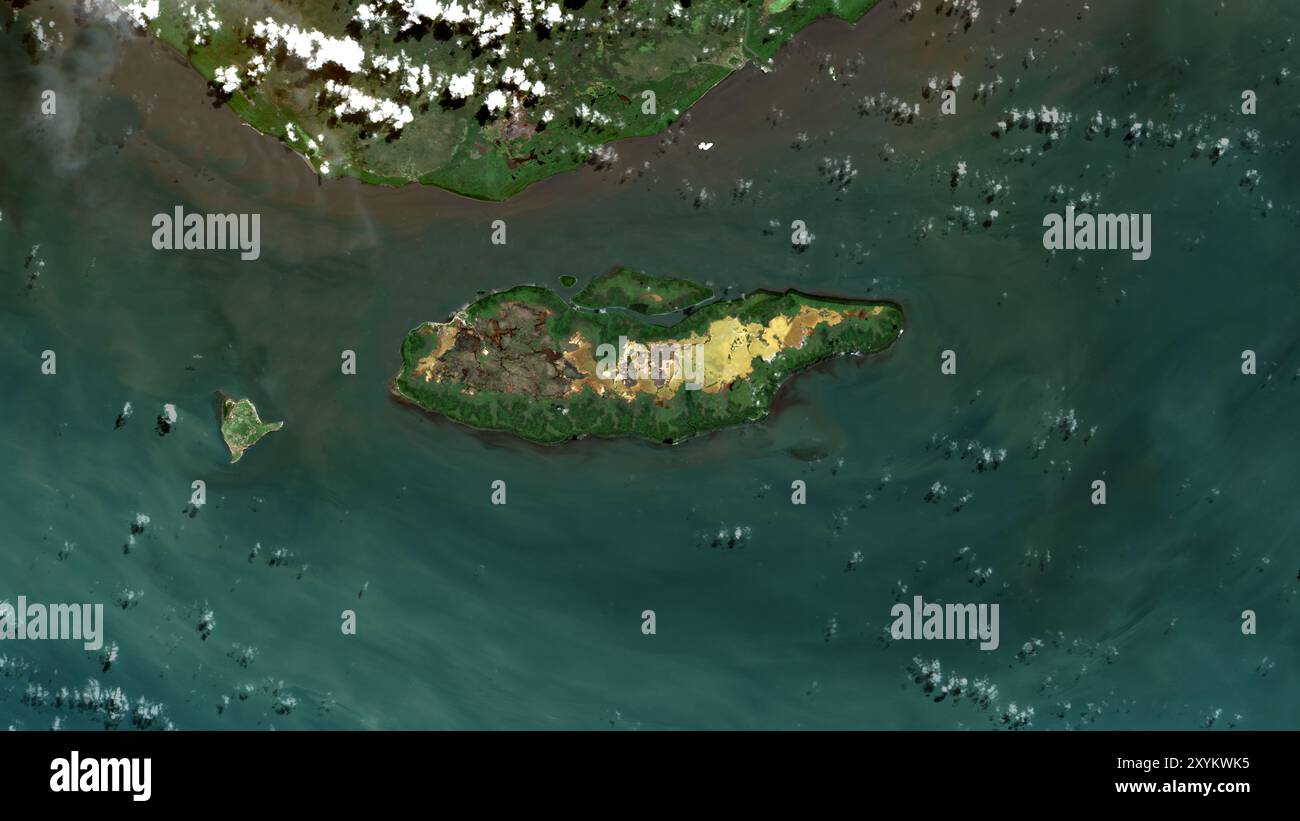 Saibai Island in the Coral Sea on a satellite image taken in January 20 ...