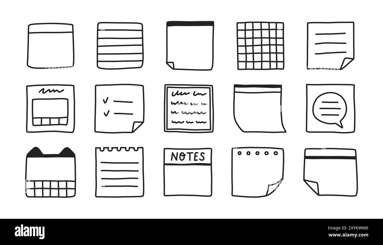 Simple sticky note set. Memo doodle. Blank square sheets of notepaper ...