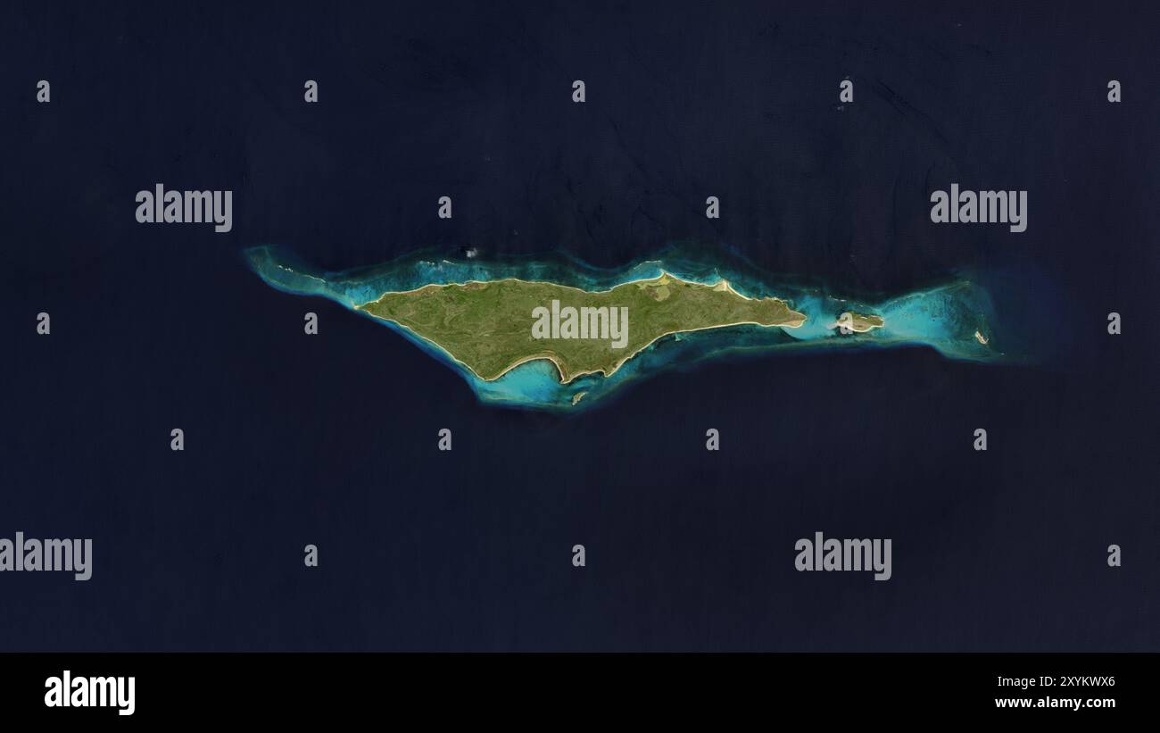 Samana Cay Island in the North Atlantic Ocean on a satellite image ...