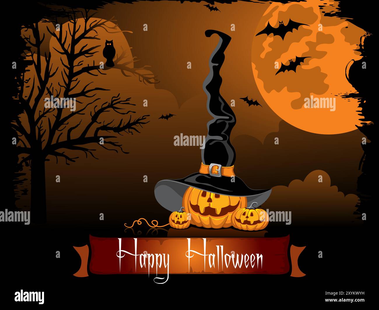 A Halloween themed poster with a witch hat and pumpkins. The mood of ...