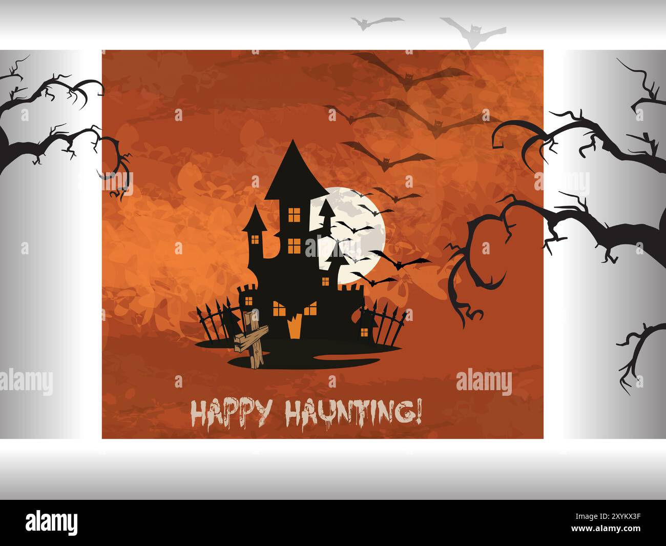 A Halloween themed poster with a castle and bats. The poster says Happy ...