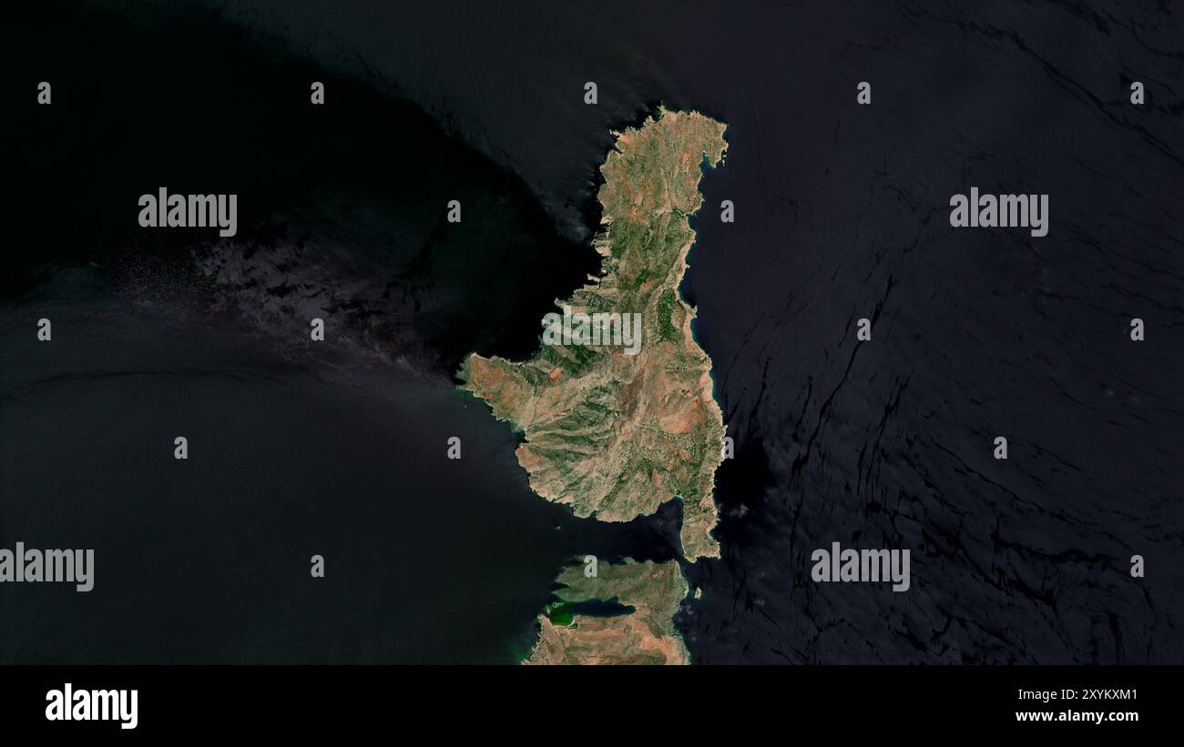 Saria Island in the Aegean Sea on a satellite image taken in May 2 ...
