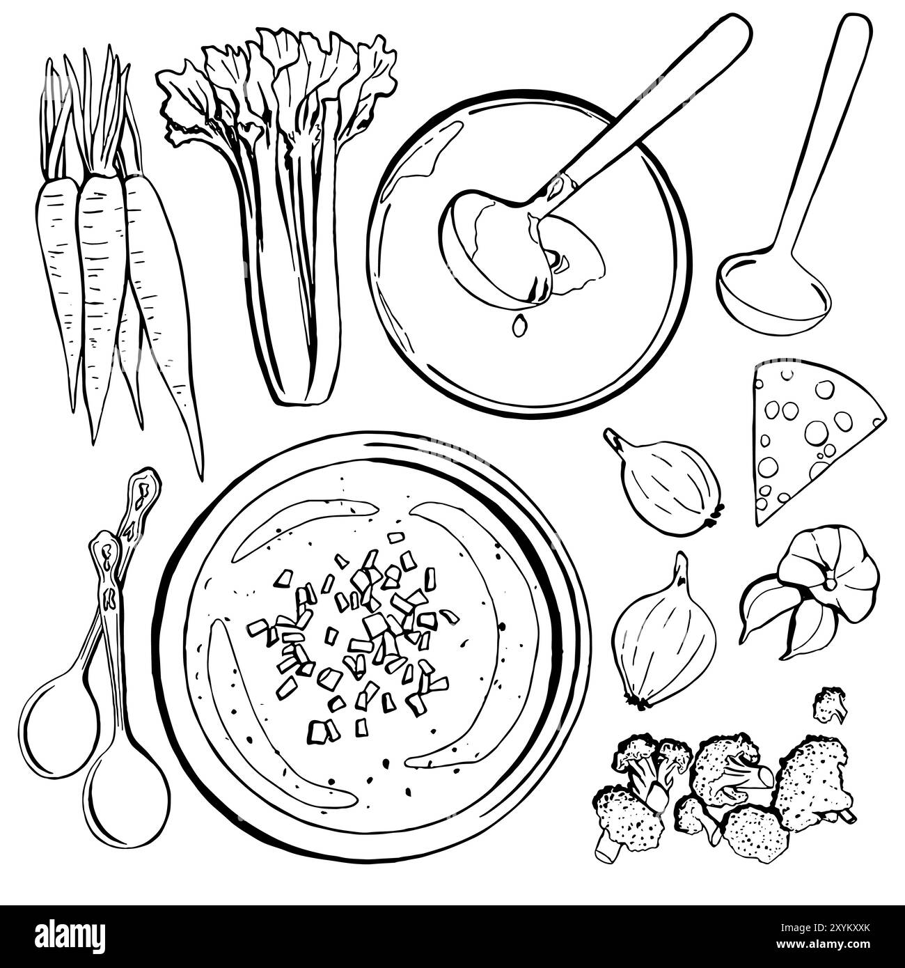 Hand drawn cream broccoli soup and ingredients for food recipe. Carrots ...