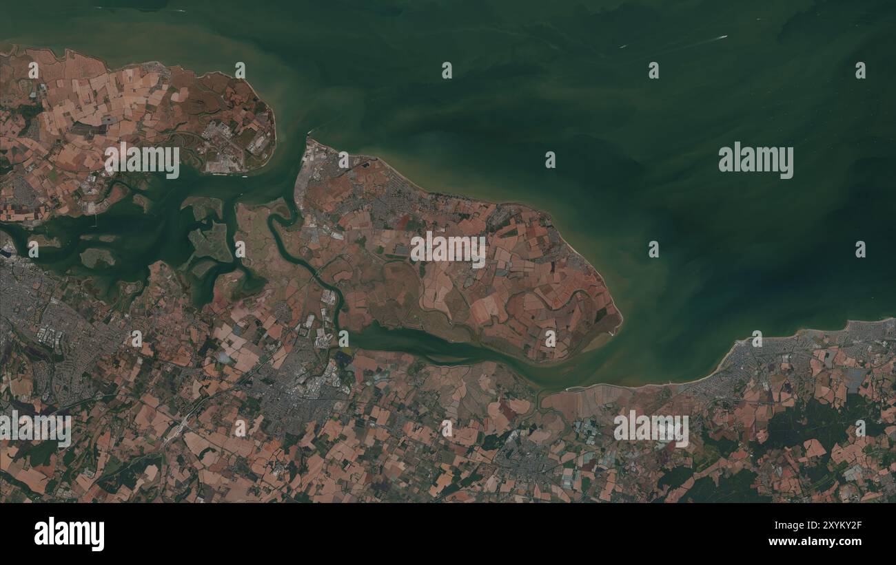 Isle of Sheppey in the North Sea on a satellite image taken in April 23 ...