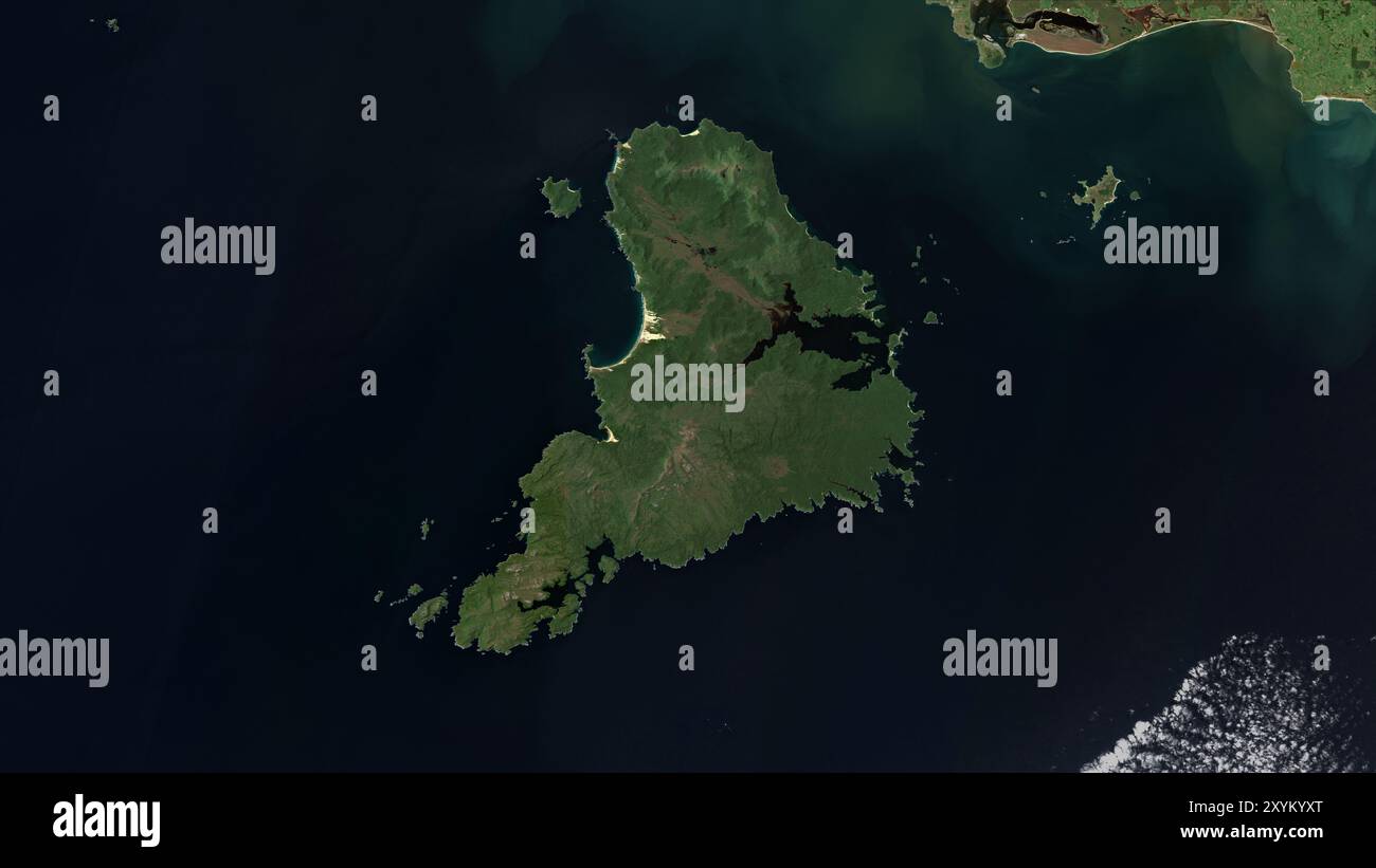 Stewart Island in the Tasman Sea on a satellite image taken in October ...