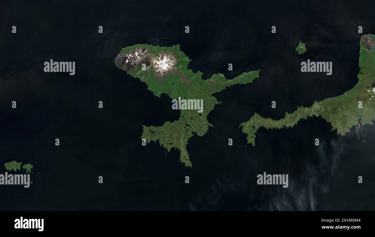 Tanaga Island in the Bering Sea on a satellite image taken in September ...