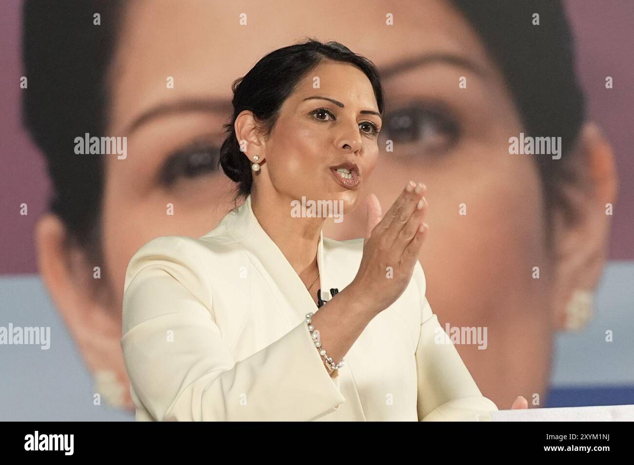 Dame Priti Patel speaking at a Conservative Party leadership campaign ...