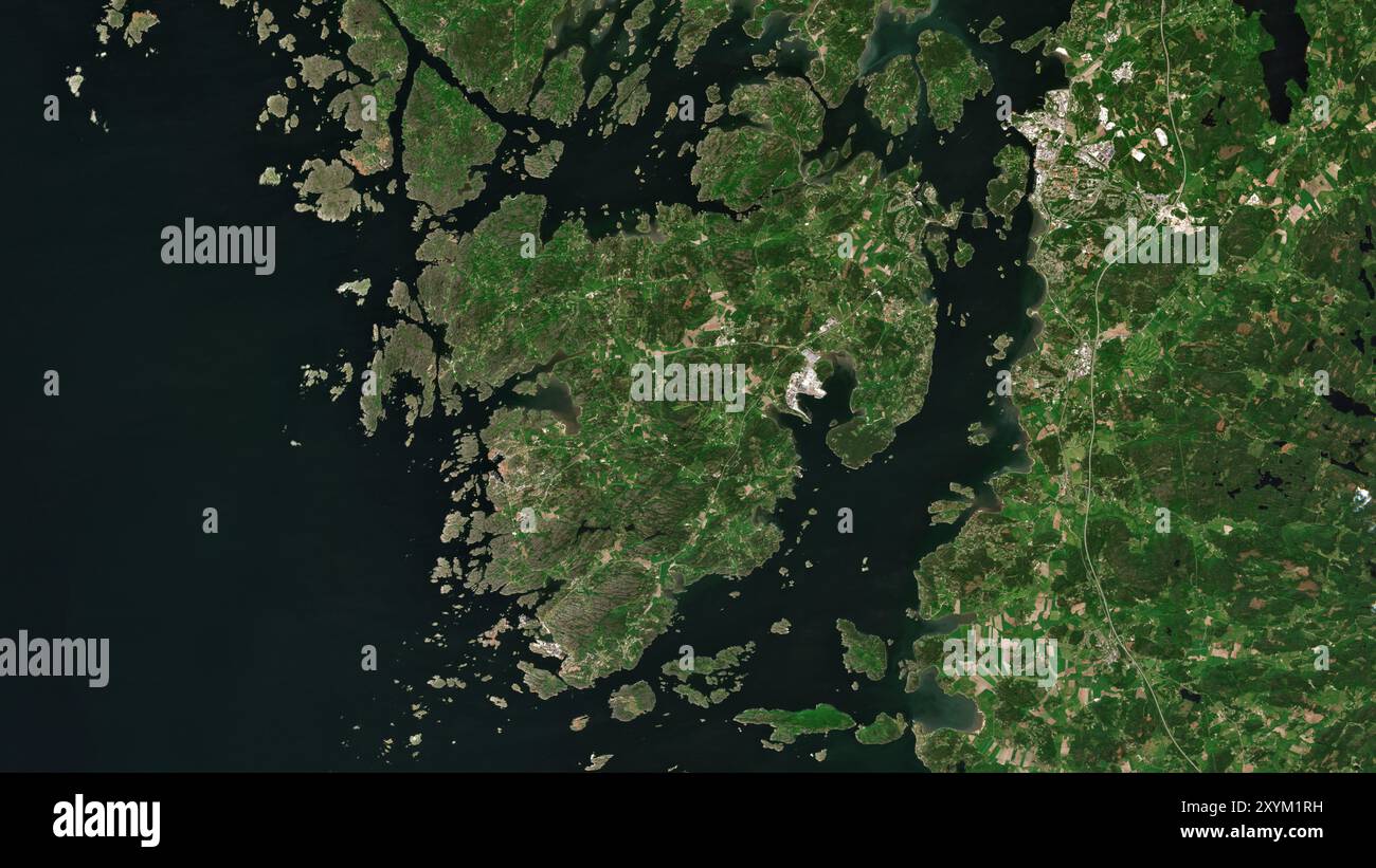 Tjorn Island in the Kattegat on a satellite image taken in May 23, 2024 ...