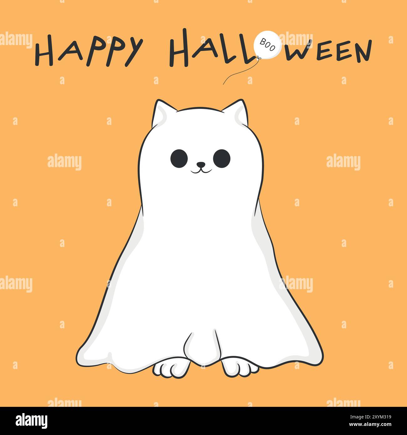 Happy Halloween greeting card with cute ghost cat. Cat in a ghost sheet ...