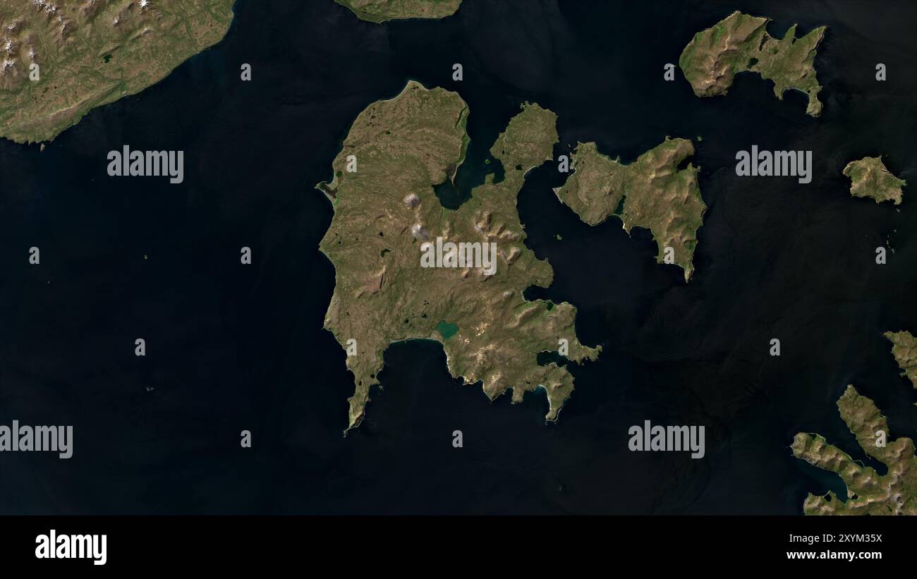 Unga Island in the Gulf of Alaska on a satellite image taken in June 17 ...