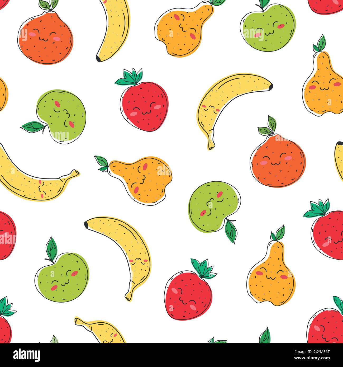 Cute smiling fruits seamless pattern. Line fruits orange, strawberry ...