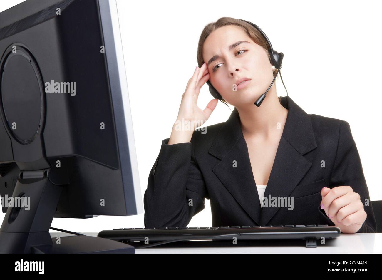 Corporate woman talking over her headset, isolated in a white background Stock Photo - Alamy