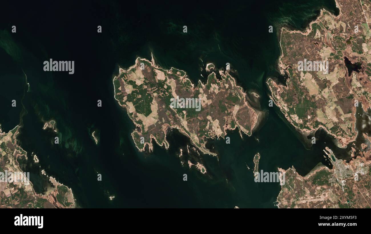 Worms Island in the Gulf of Riga on a satellite image taken in April 22 ...