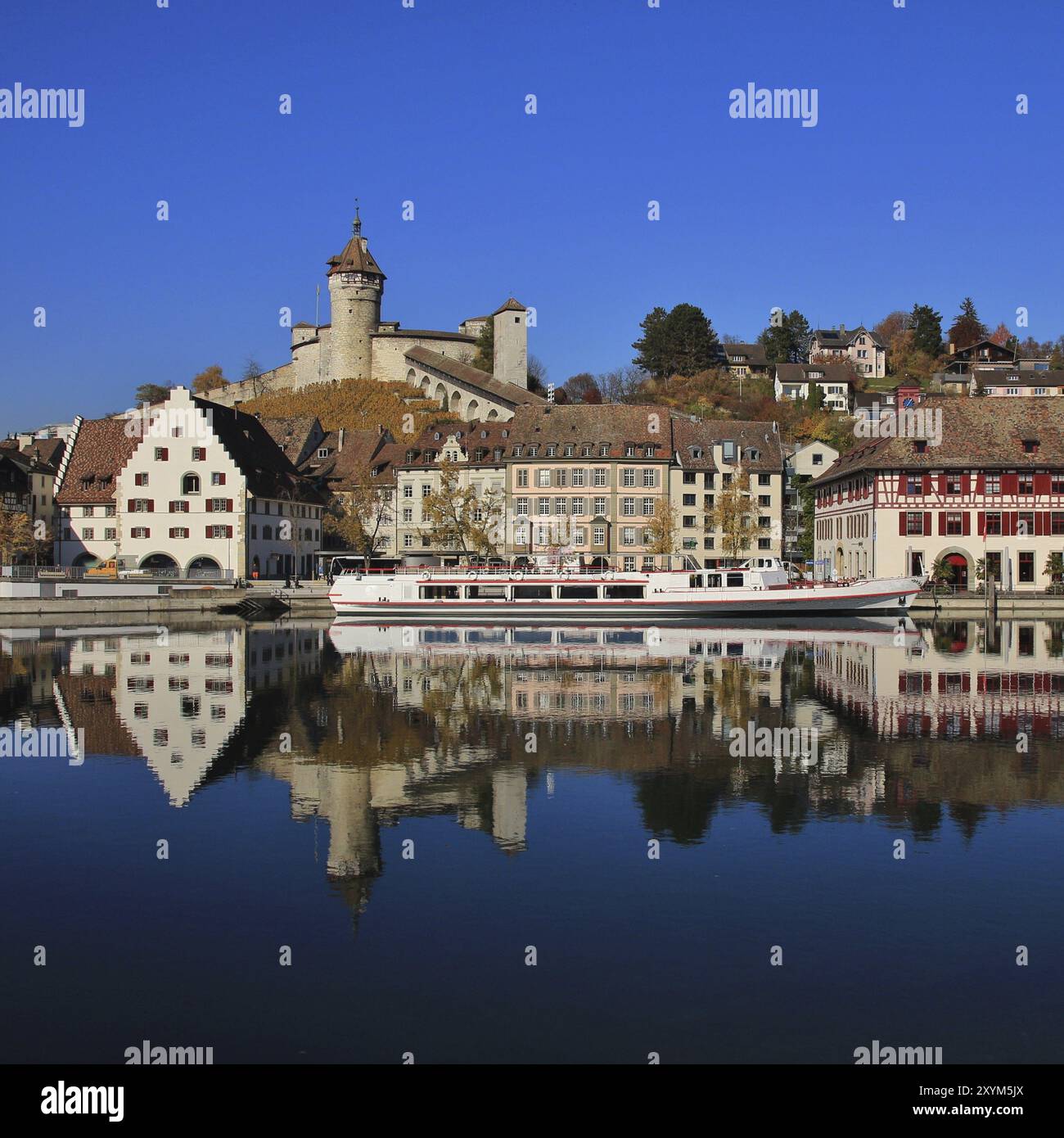 Medieval castle Munot and old houses reflecting in the river Rhine ...