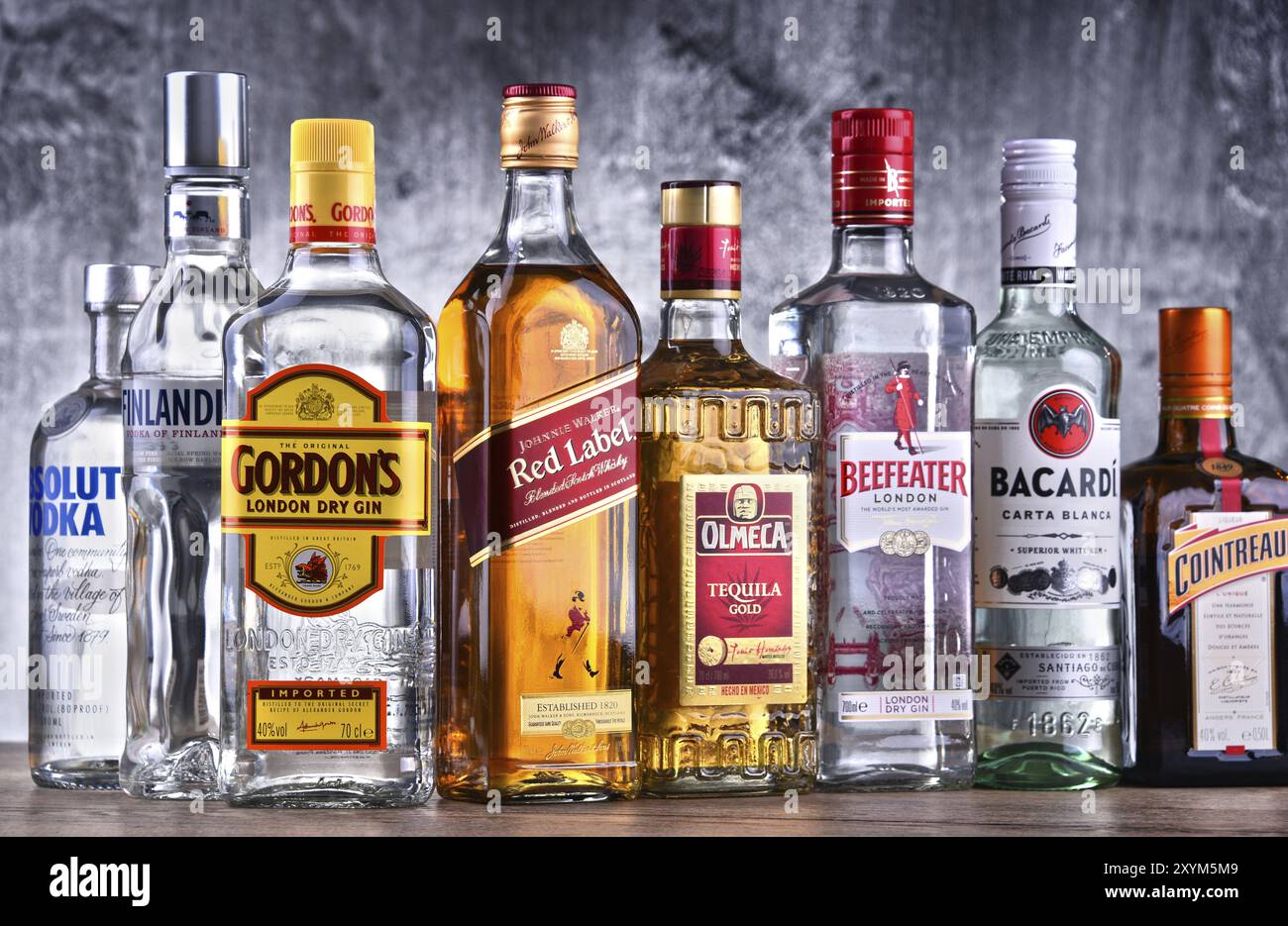 Bottles of assorted global hard liquor brands Stock Photo - Alamy