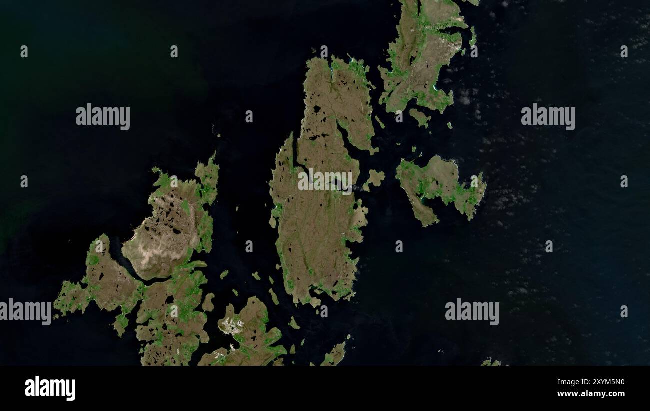 Yell Island in the North Sea on a satellite image taken in June 30 ...