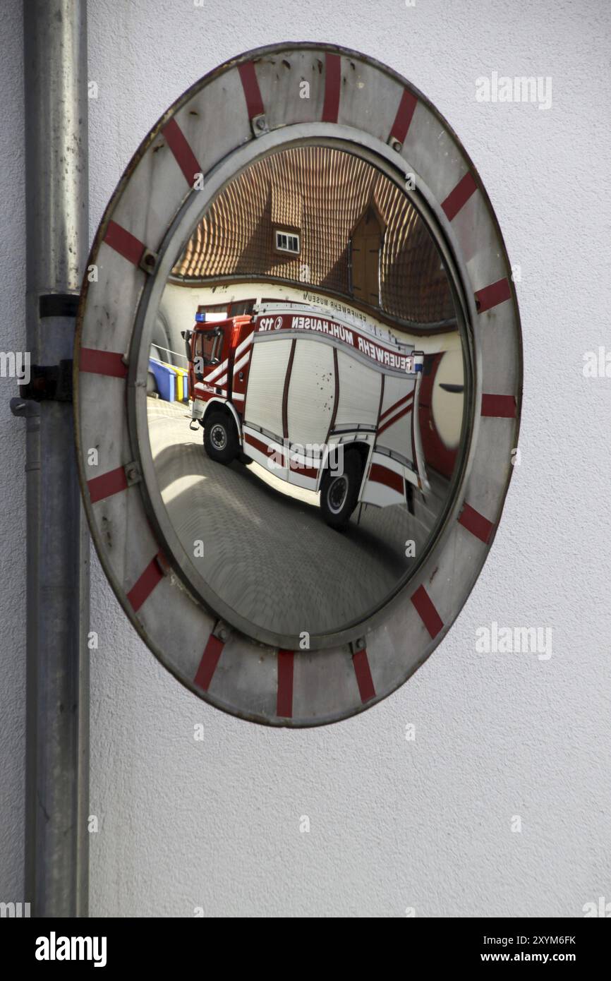 Fire engine in a traffic mirror Stock Photo - Alamy