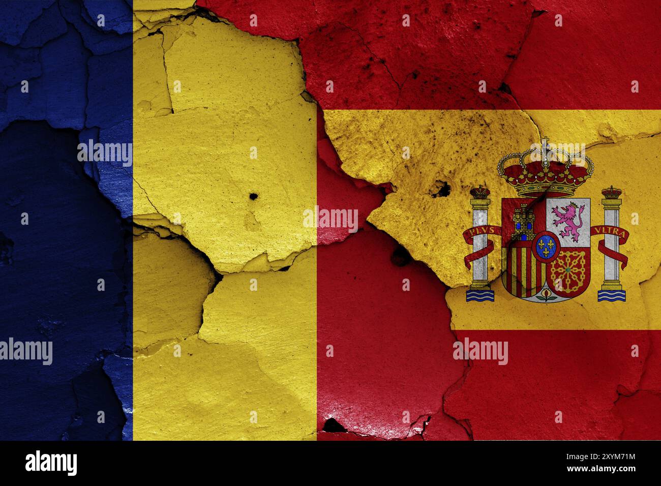 Flags of Romania and Spain painted on cracked wall Stock Photo - Alamy