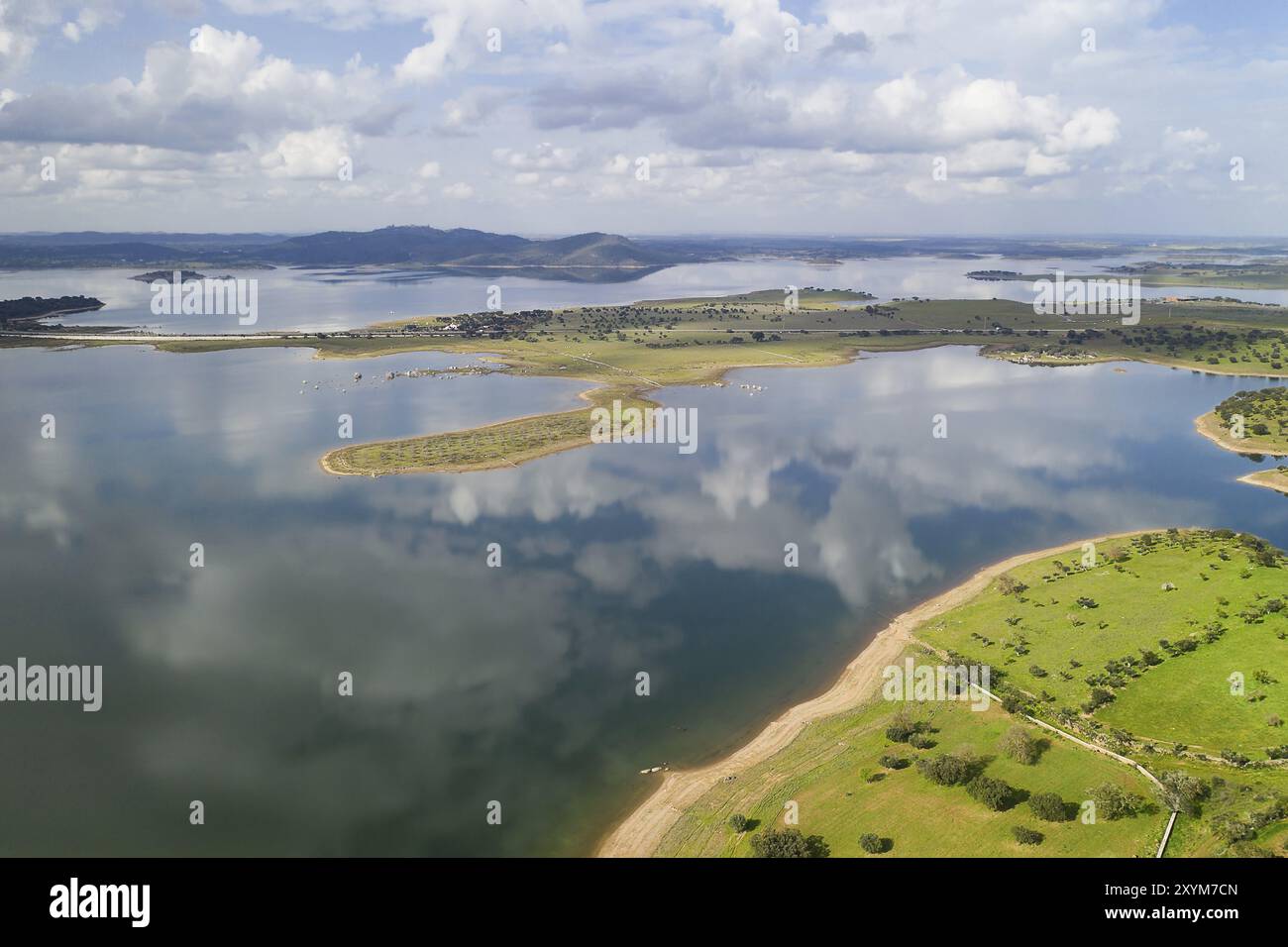 Lake reservoir water reflection drone aerial view of Alqueva Dam ...
