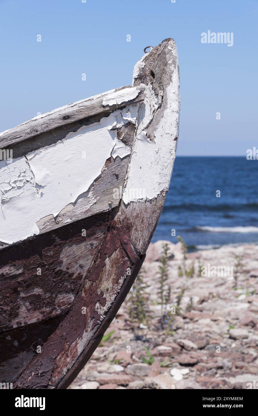 Bow of an old wooden boat with peeling flaking paint beached on a stony ...