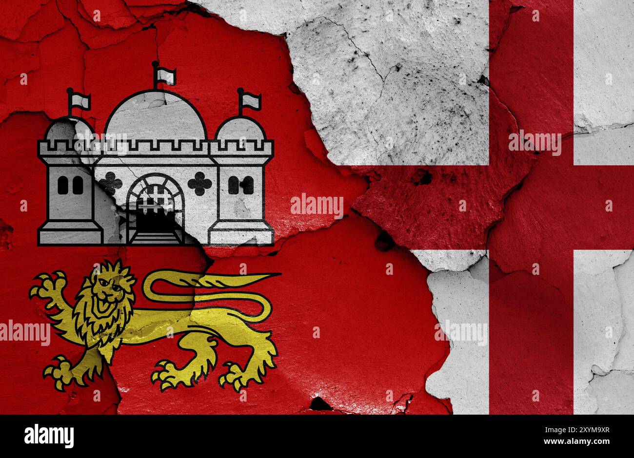 Flags of Norwich and England painted on cracked wall Stock Photo - Alamy