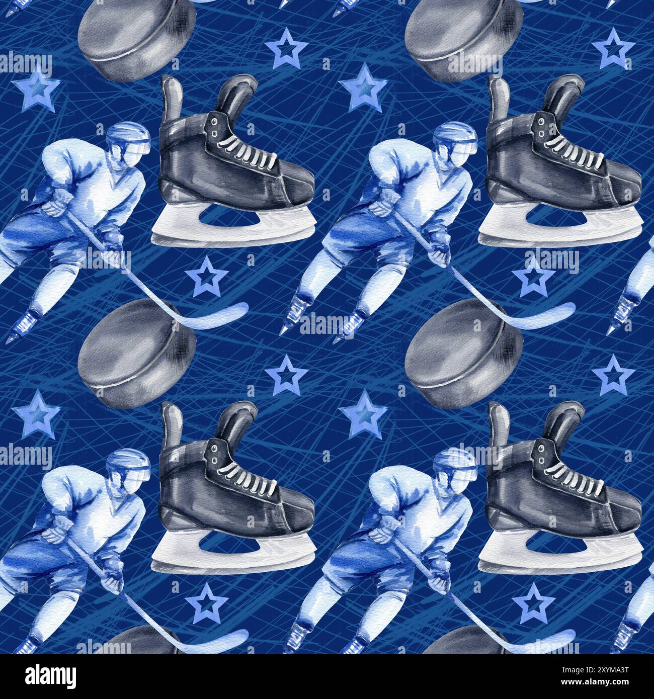 hockey players with sticks in motion with a puck, stars and black ...