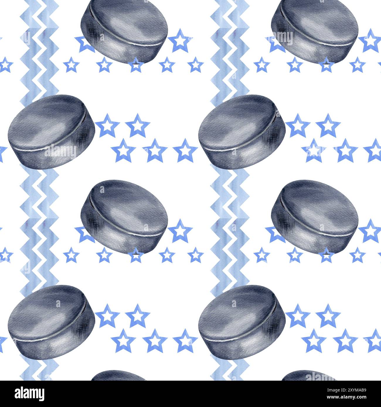 seamless pattern with black hockey puck, textured stars, zigzag pattern ...