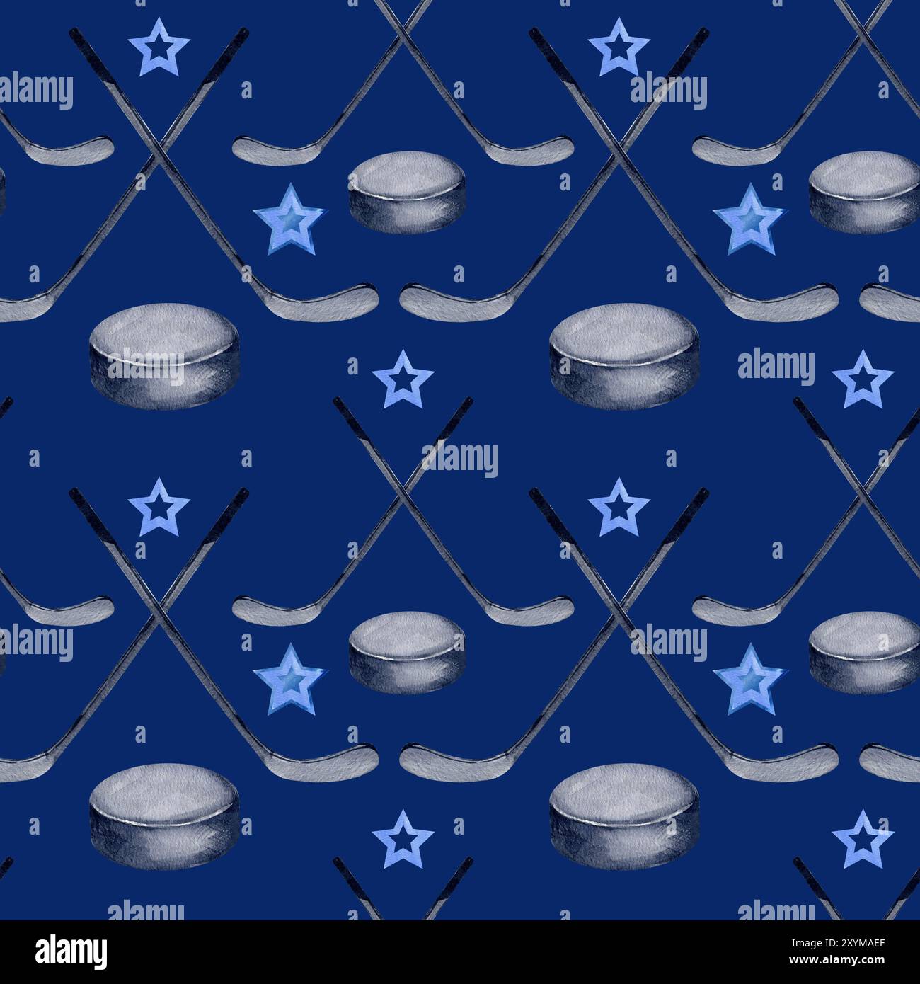 crossed sticks and a puck, blue textured watercolor stars, seamless ...