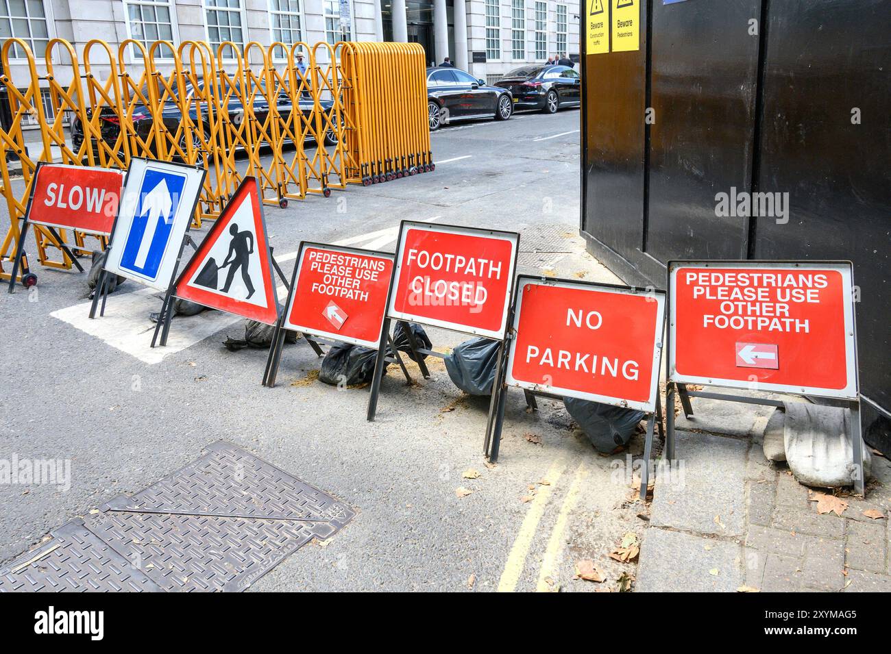 London, UK. Traffic signs warning of disruption caused by roadworks ...