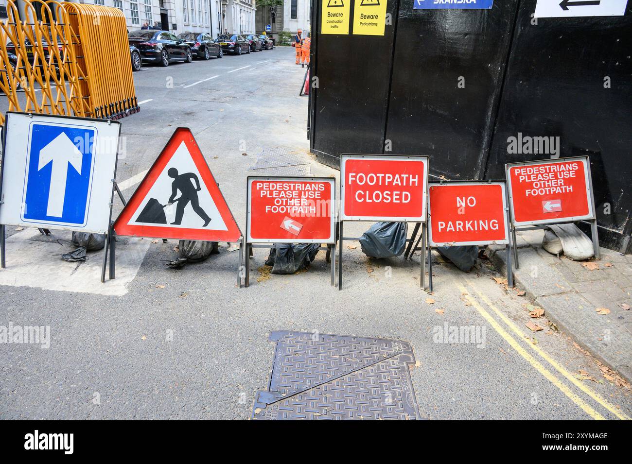 London, UK. Traffic signs warning of disruption caused by roadworks ...