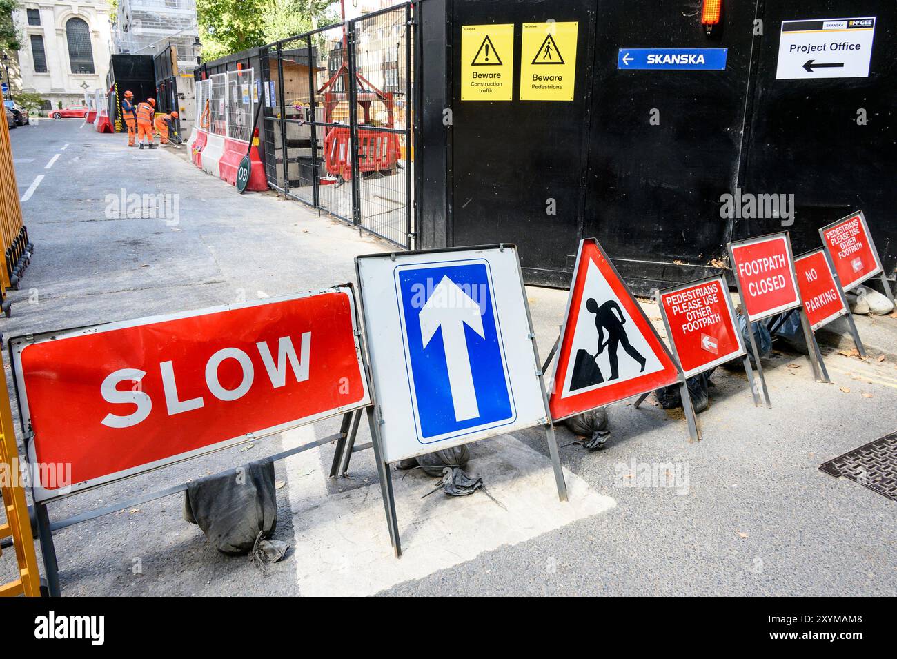London, UK. Traffic signs warning of disruption caused by roadworks ...