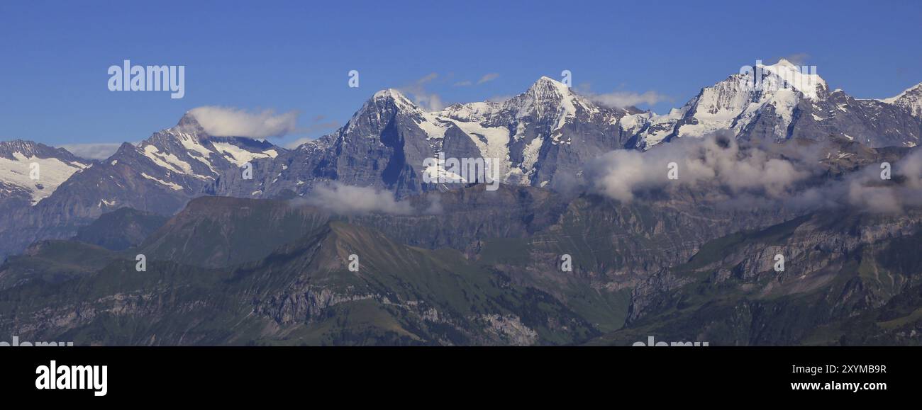 Famous mountains Eiger, Monch and Jungfrau in summer. View from Mt ...