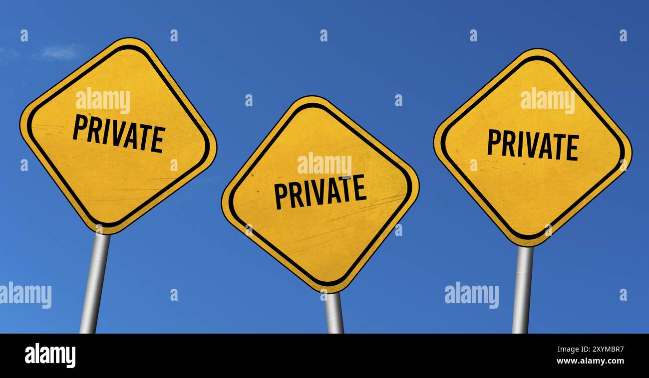 Private, yellow signs with blue sky Stock Photo - Alamy