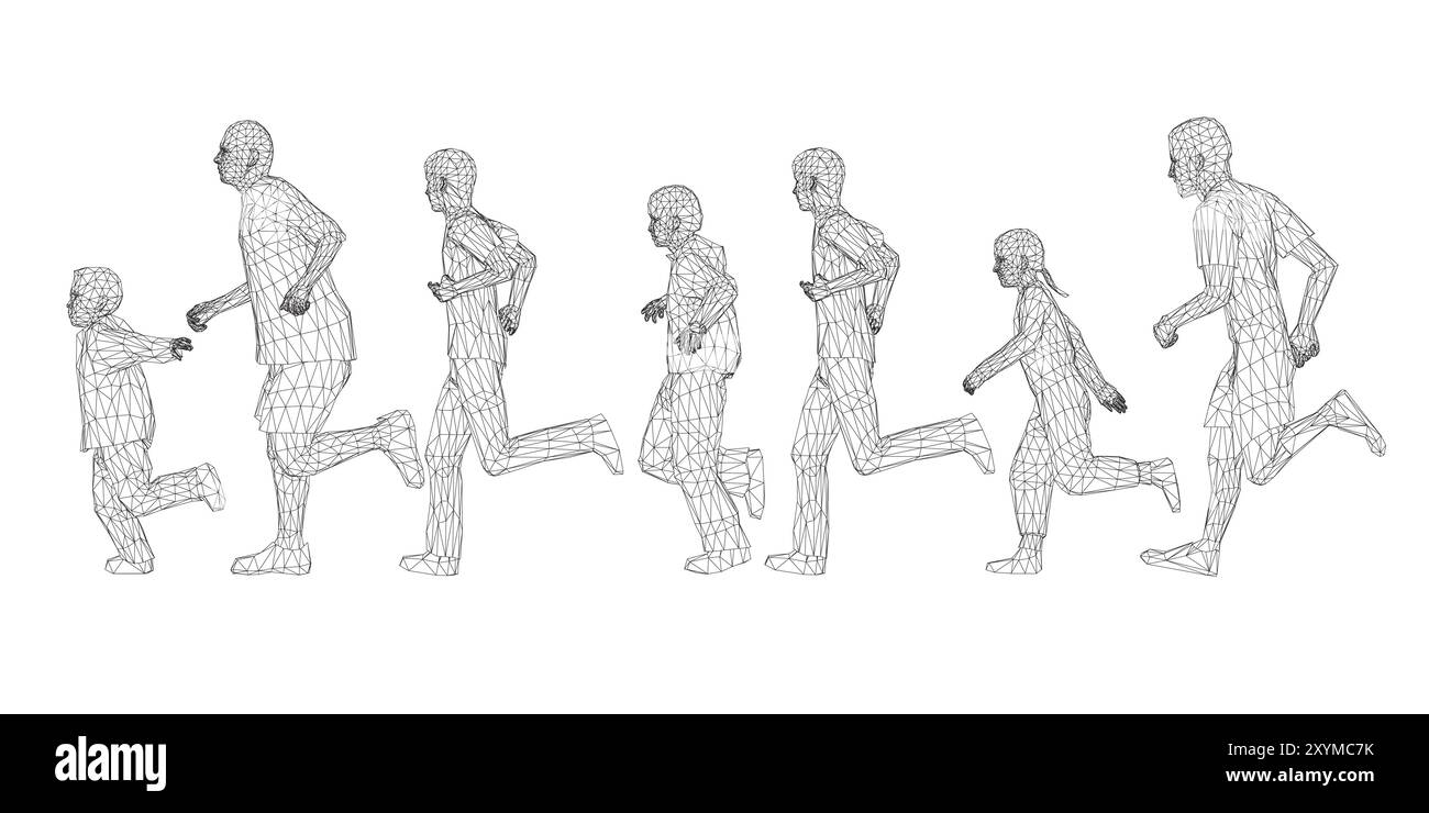 Wireframe of running people from black lines isolated on white ...