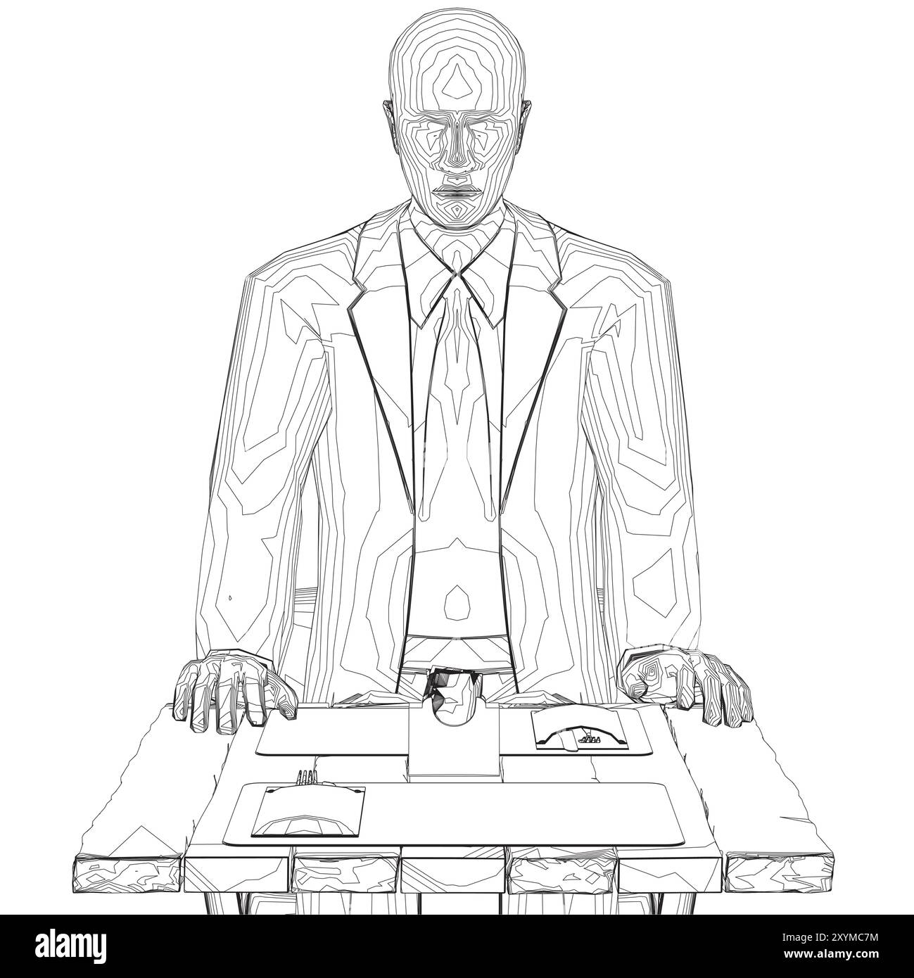 Outline of a man in a suit with a tie sitting at a table. First person ...