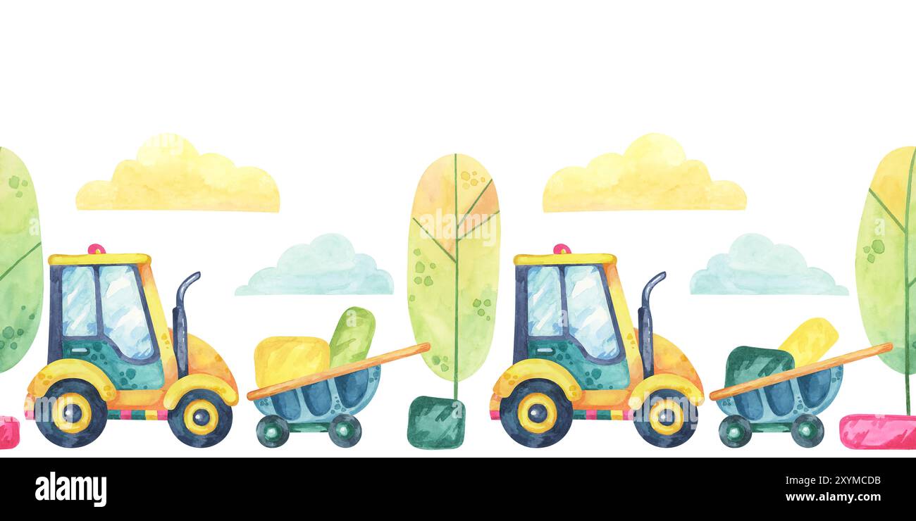 Tractor, wheelbarrow, trees and clouds in watercolor. Construction site ...