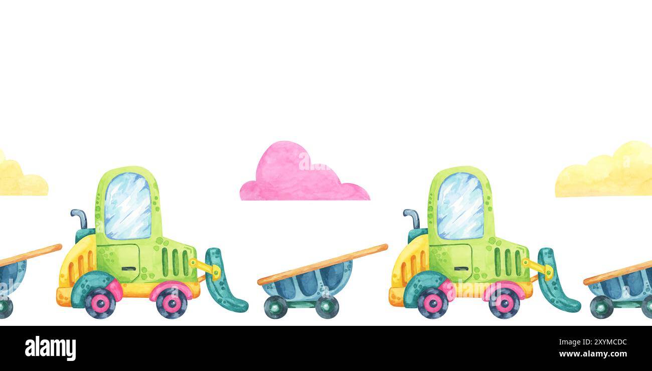 Excavator, wheelbarrow and clouds in watercolor. Construction site ...