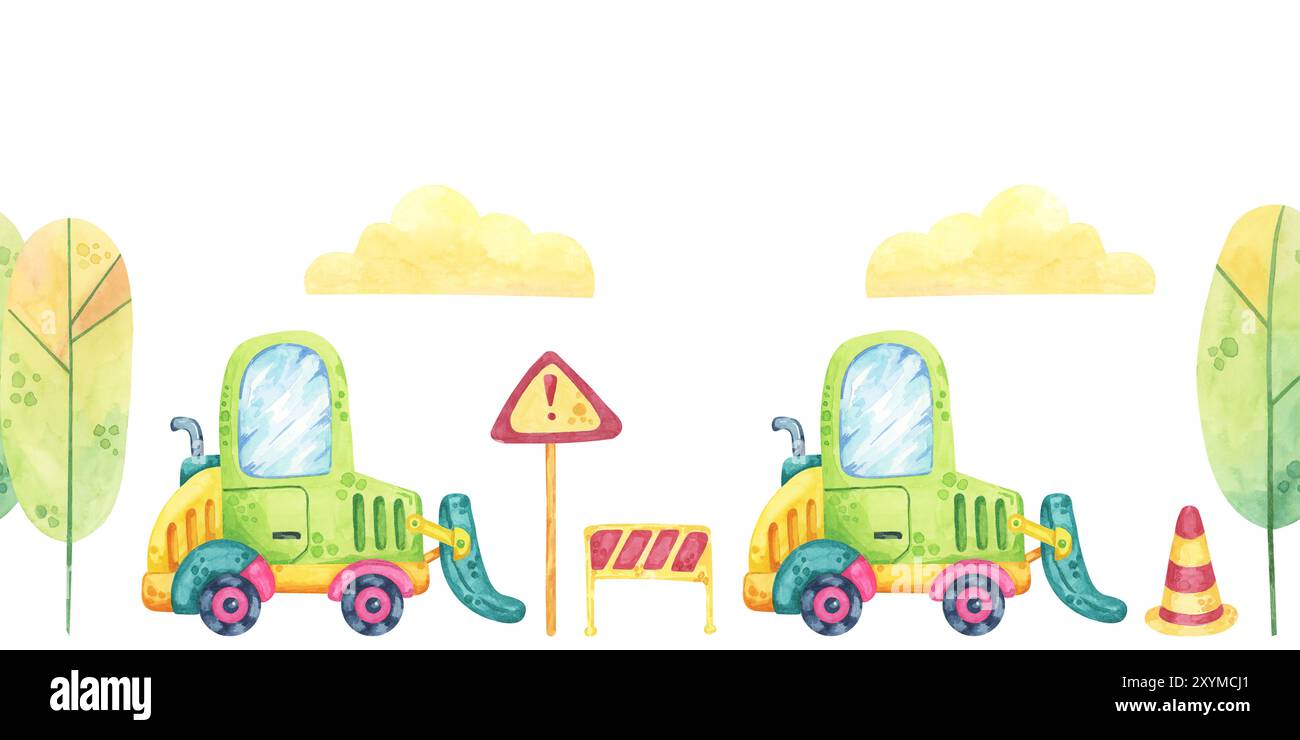 Excavator, warning signs, trees and clouds in watercolor. Construction ...