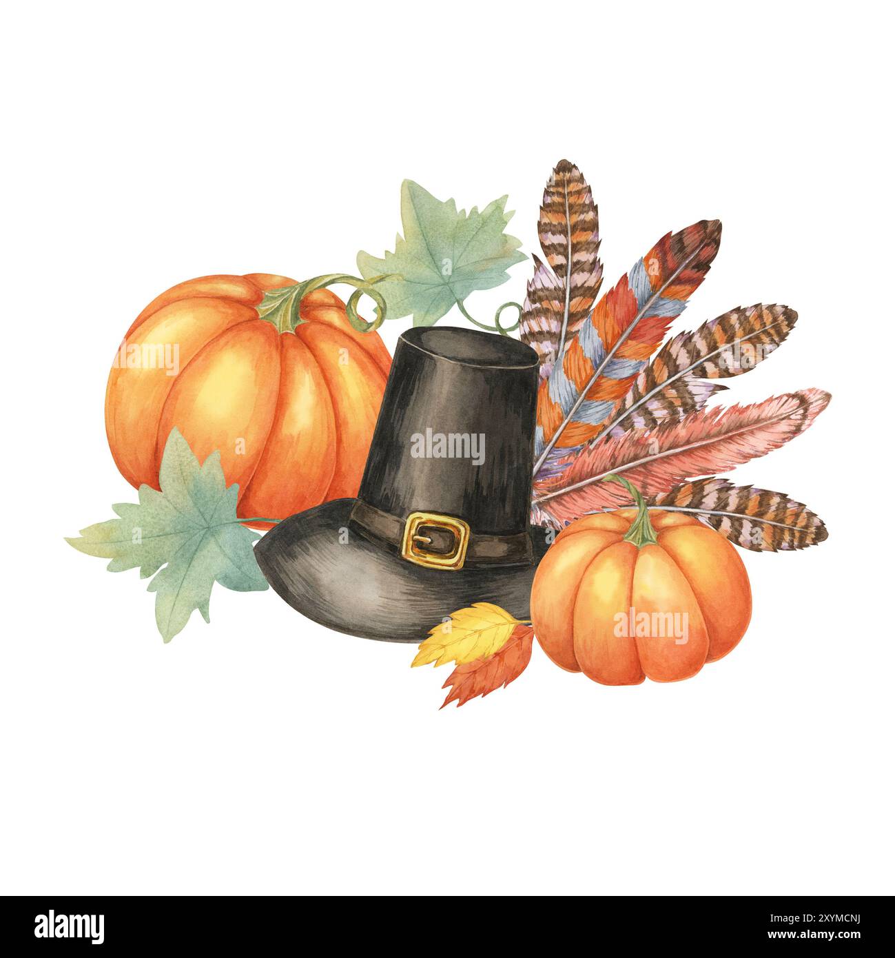 Traditional Pilgrim hat with feathers, paired with a large orange ...