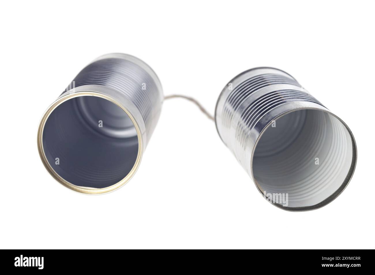 Tin can telephone isolated on white Stock Photo - Alamy
